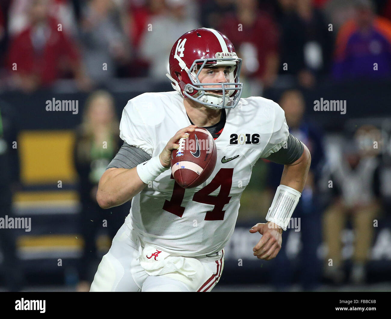 January 11, 2016 Jake Coker #14 of the Alabama Crimson Tide in action ...