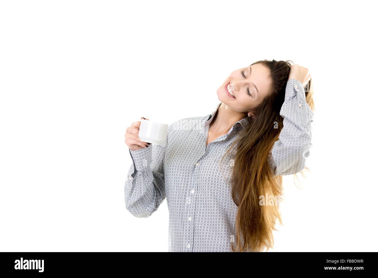 Beautiful girl stretching with closed eyes with happy expression ...