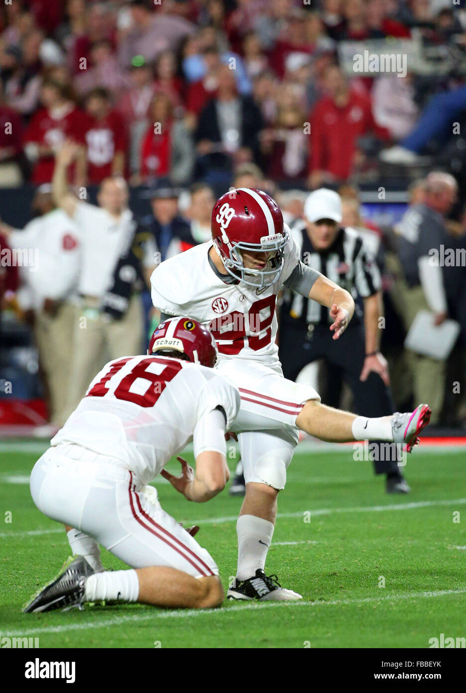 January 11, 2016 Adam Griffith #99 of the Alabama Crimson Tide kicks a ...