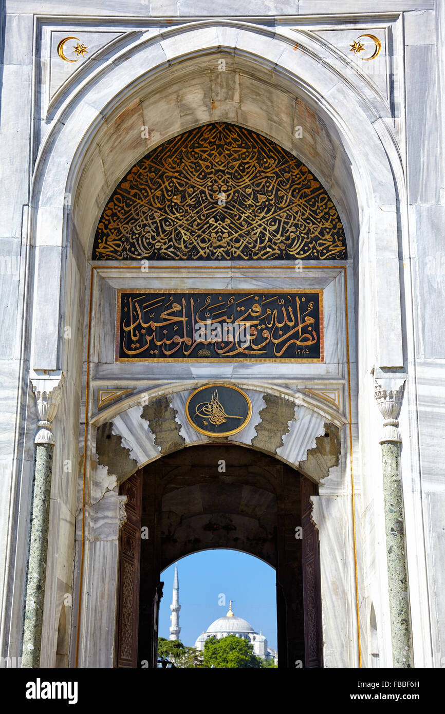 The view of Blue Mosque through Imperial Gate of Topkapi Palace in ...