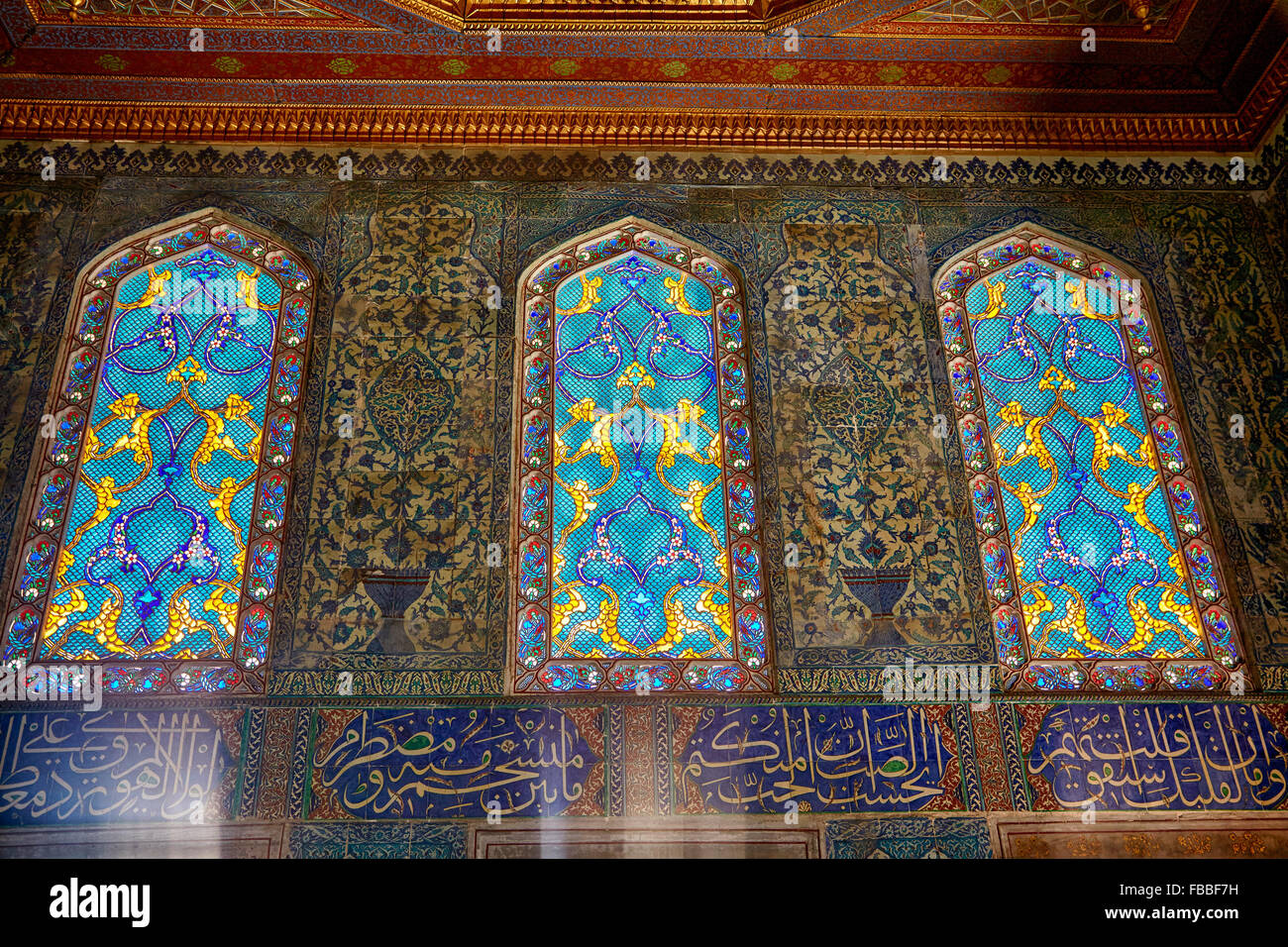 ISTANBUL, TURKEY - JULY 12, 2014: Staned glass windows with the ...