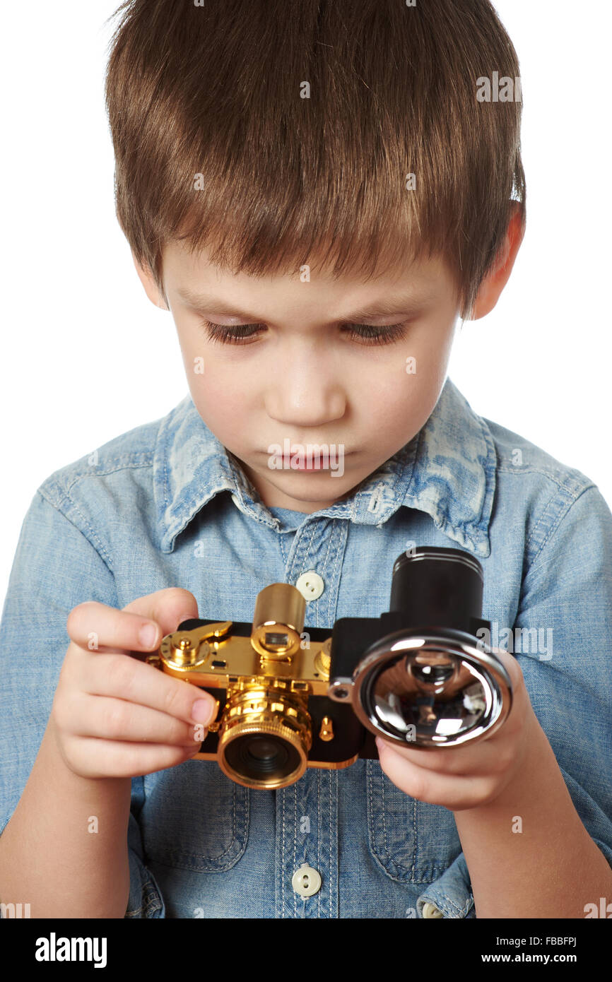 Little boy photographer with retro camera and flash isolated Stock ...