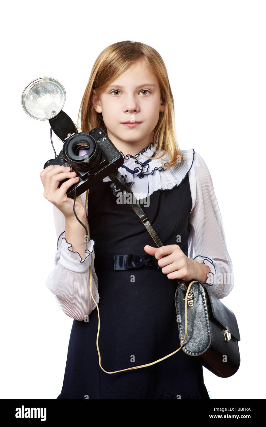 Girl reporter photographer with retro camera and flash isolated Stock ...