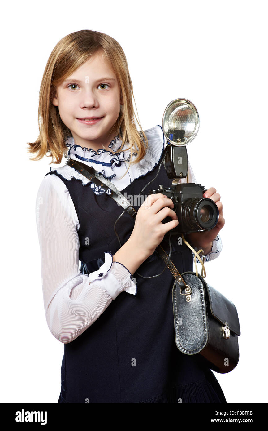 Girl reporter photographer with retro camera and flash isolated Stock ...