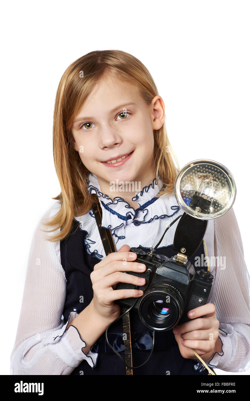Girl reporter photographer with retro camera and flash isolated Stock ...