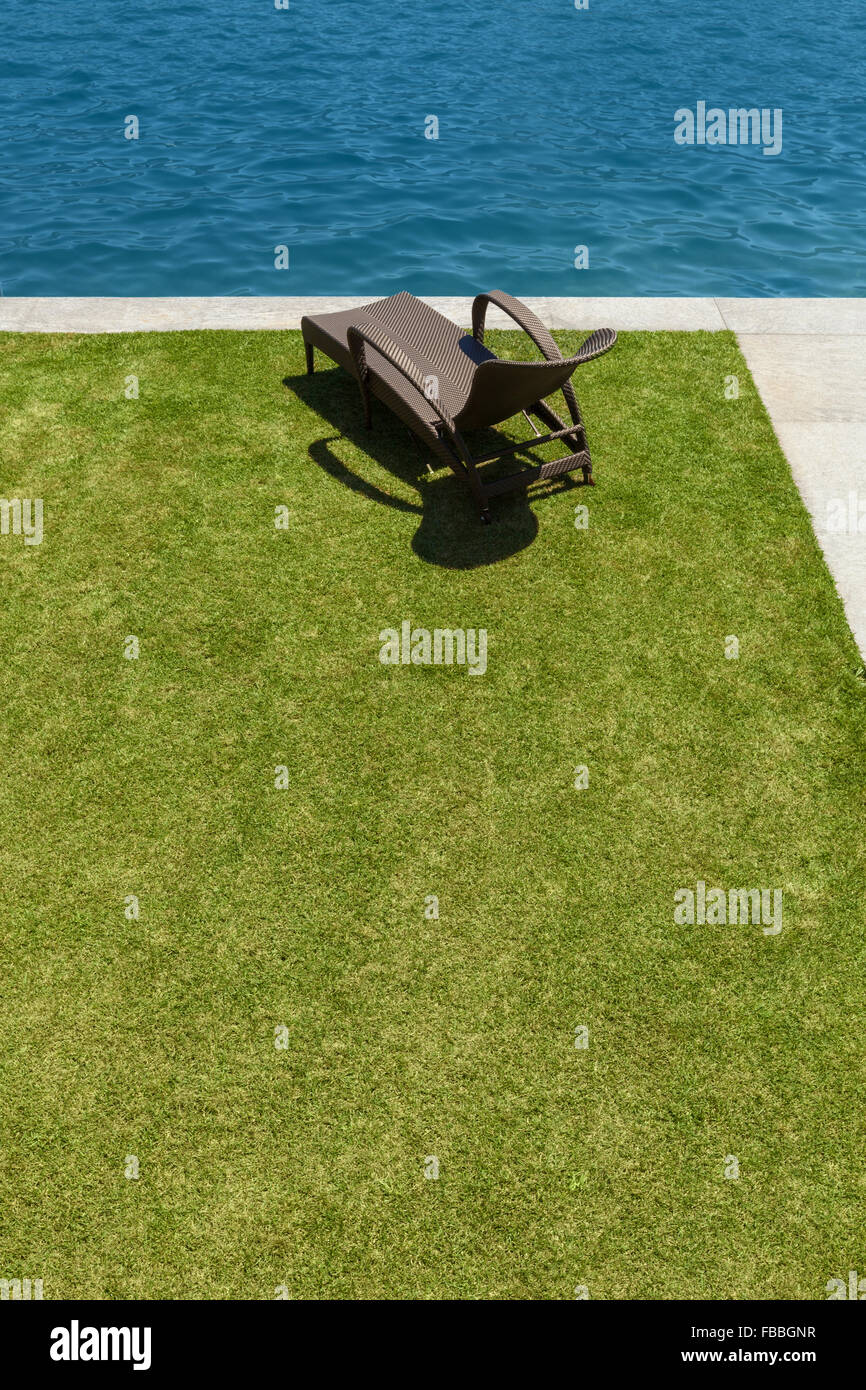 Architecture outdoor terrace overlooking the lake, with garden Stock ...