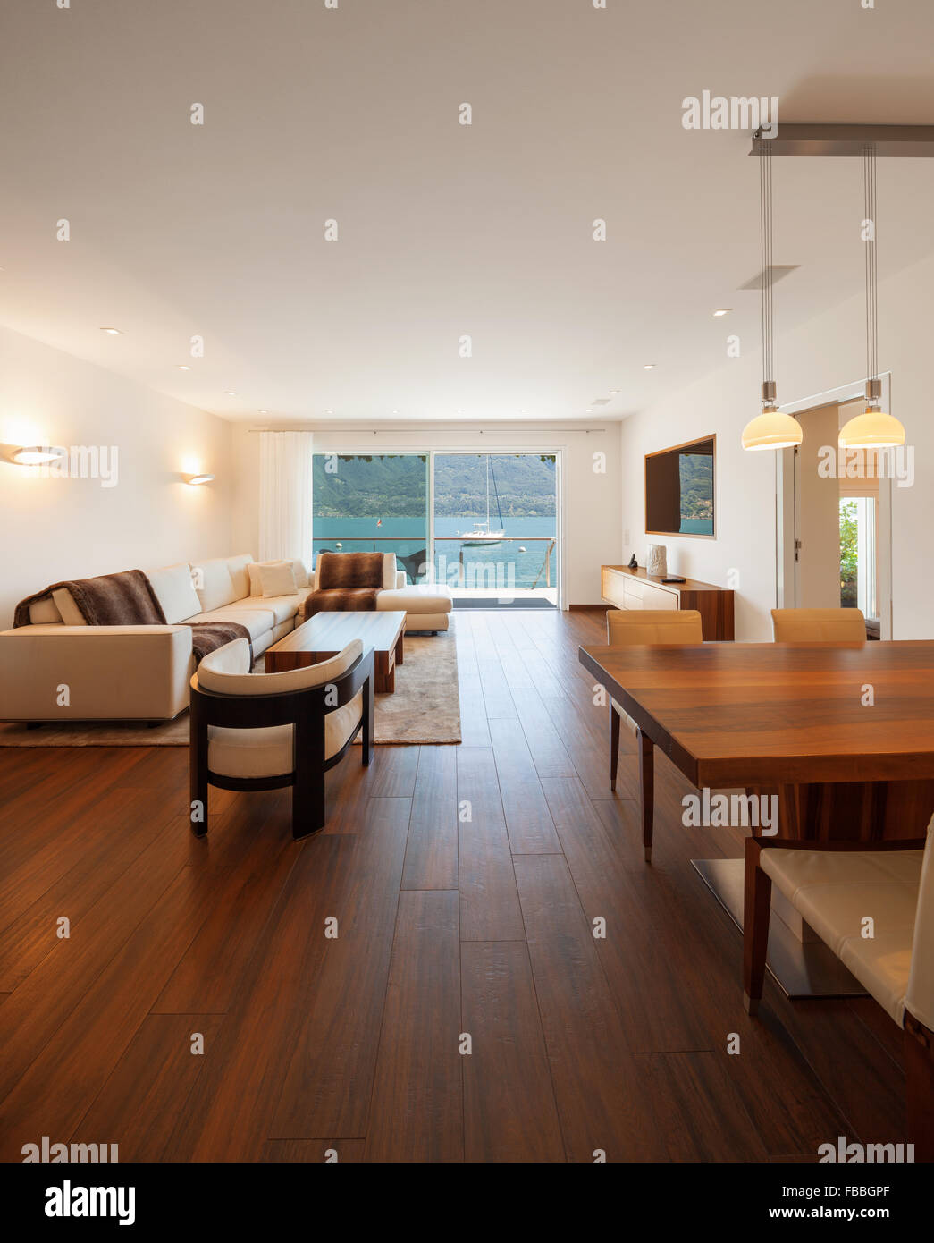 Interior design, living room with lake view Stock Photo - Alamy