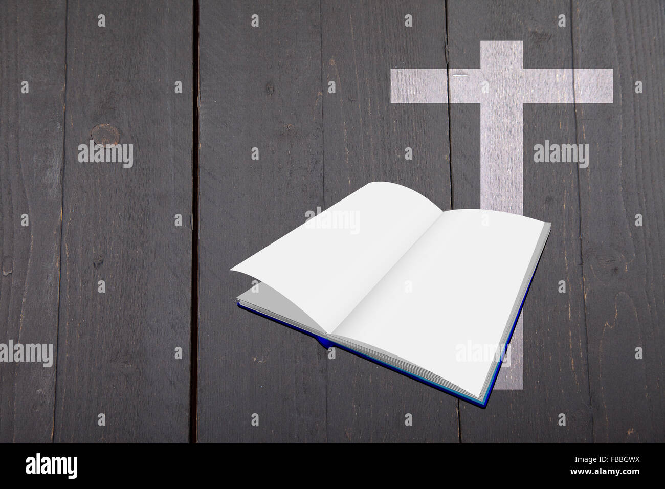 Illustration of white bible and cross on dark black wooden background ...
