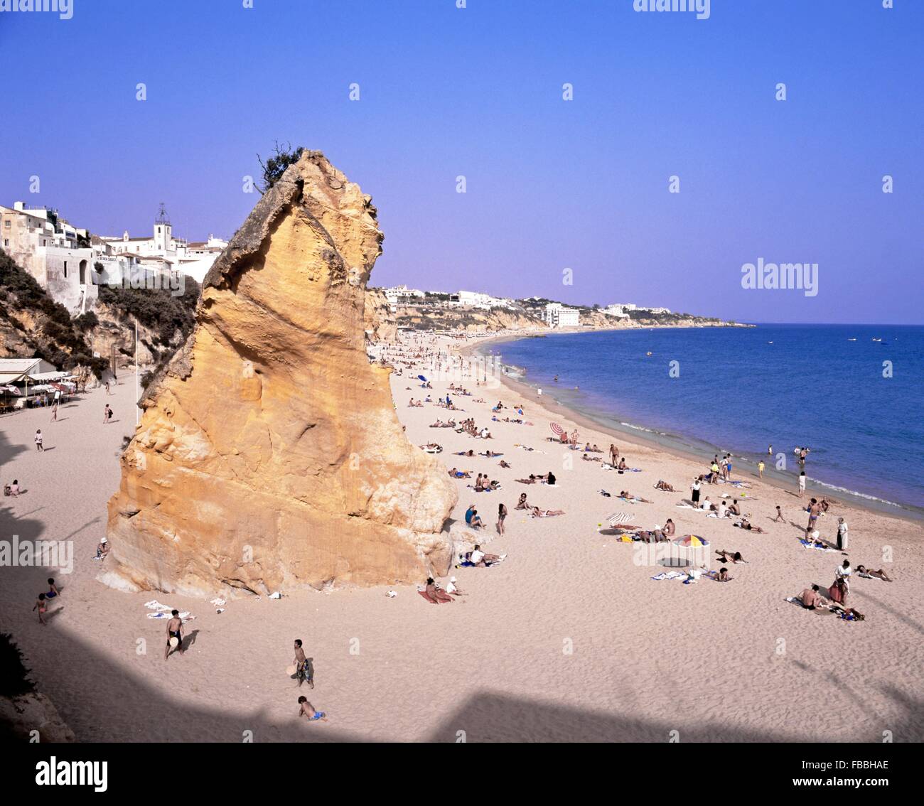 Elevated view of the beach and coastline, Albufeira, Algarve, Portugal ...