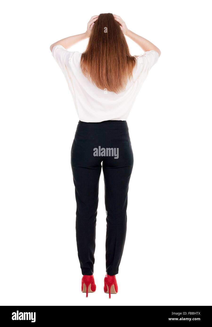 Back view of shocked business woman in suit. Upset businesswoman. Rear ...