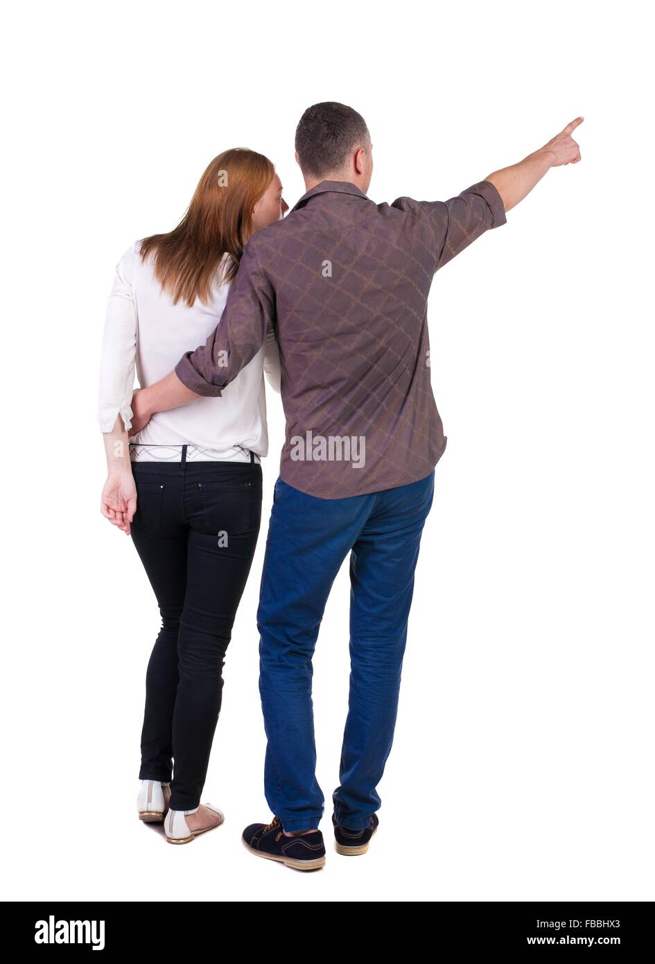 young couple pointing. Back view. Rear view people collection. backside ...
