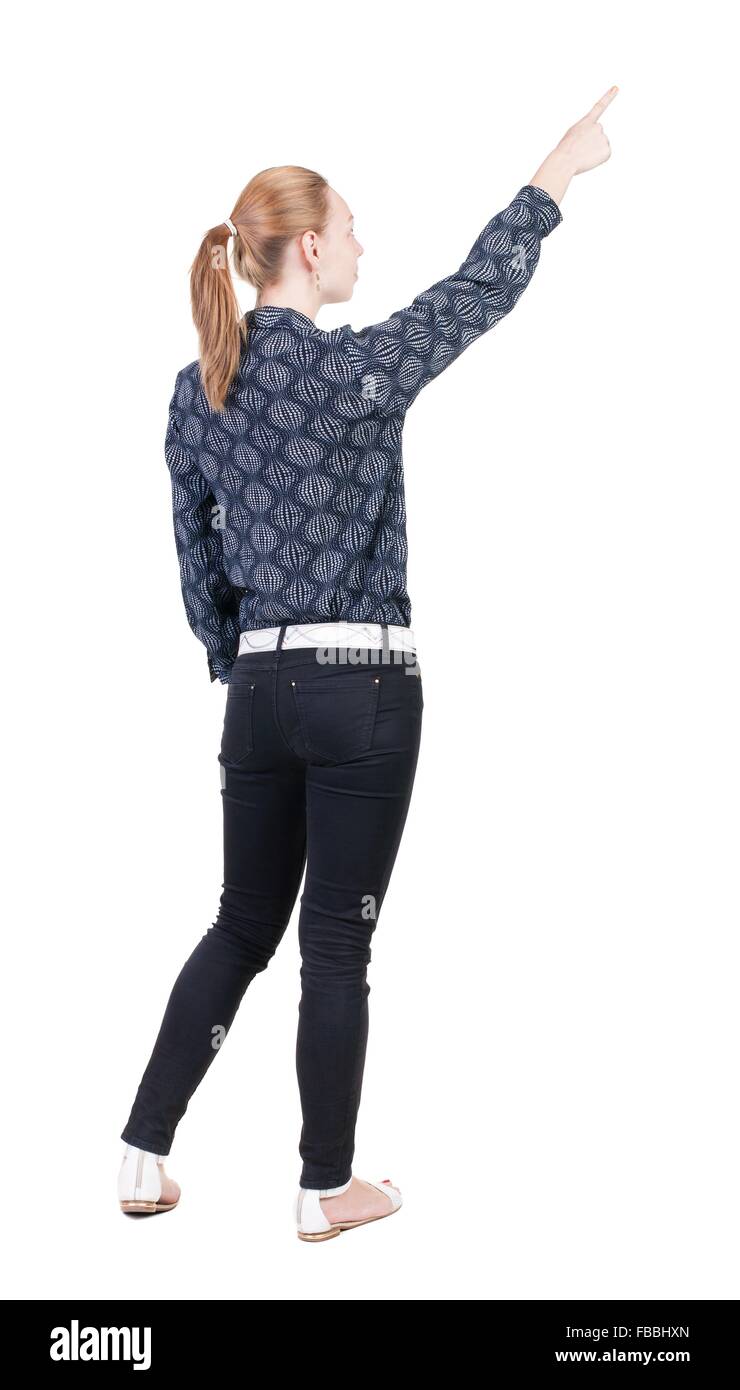 Back view of pointing woman. beautiful blonde girl. Rear view people ...