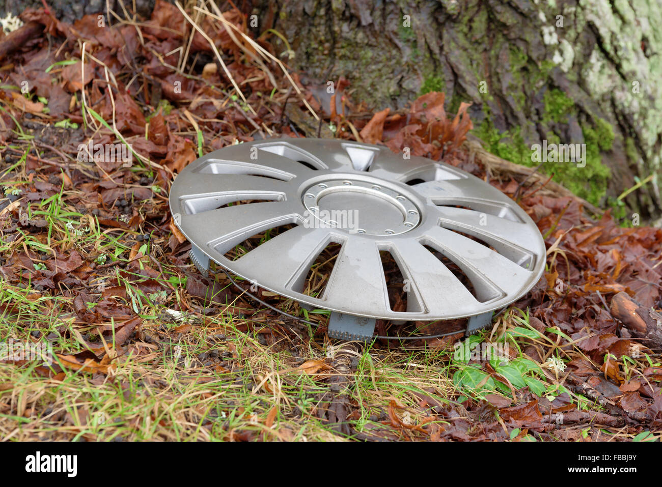 A lost plastic hubcap that has fallen of a car. The hubcap lies in ...