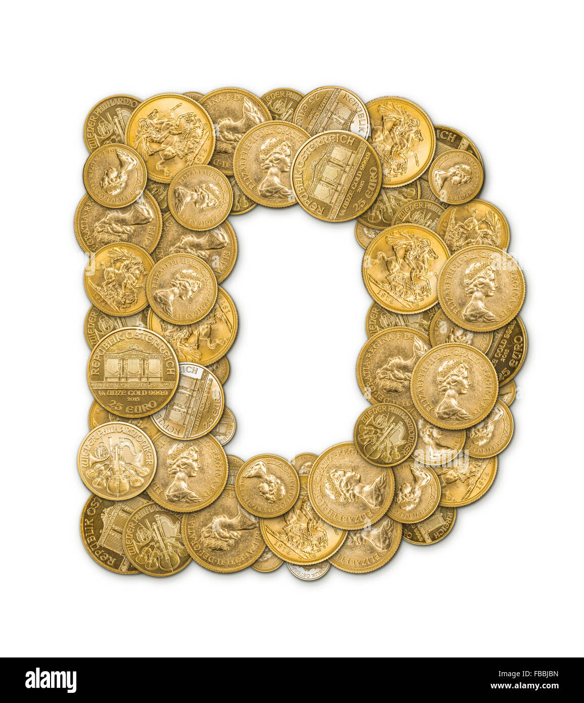 Letter D made from gold coins money isolated on white background Stock ...