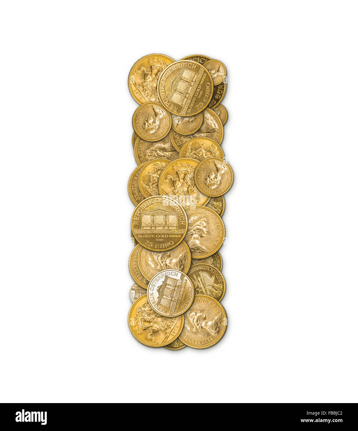 Letter I made from gold coins money isolated on white background Stock ...