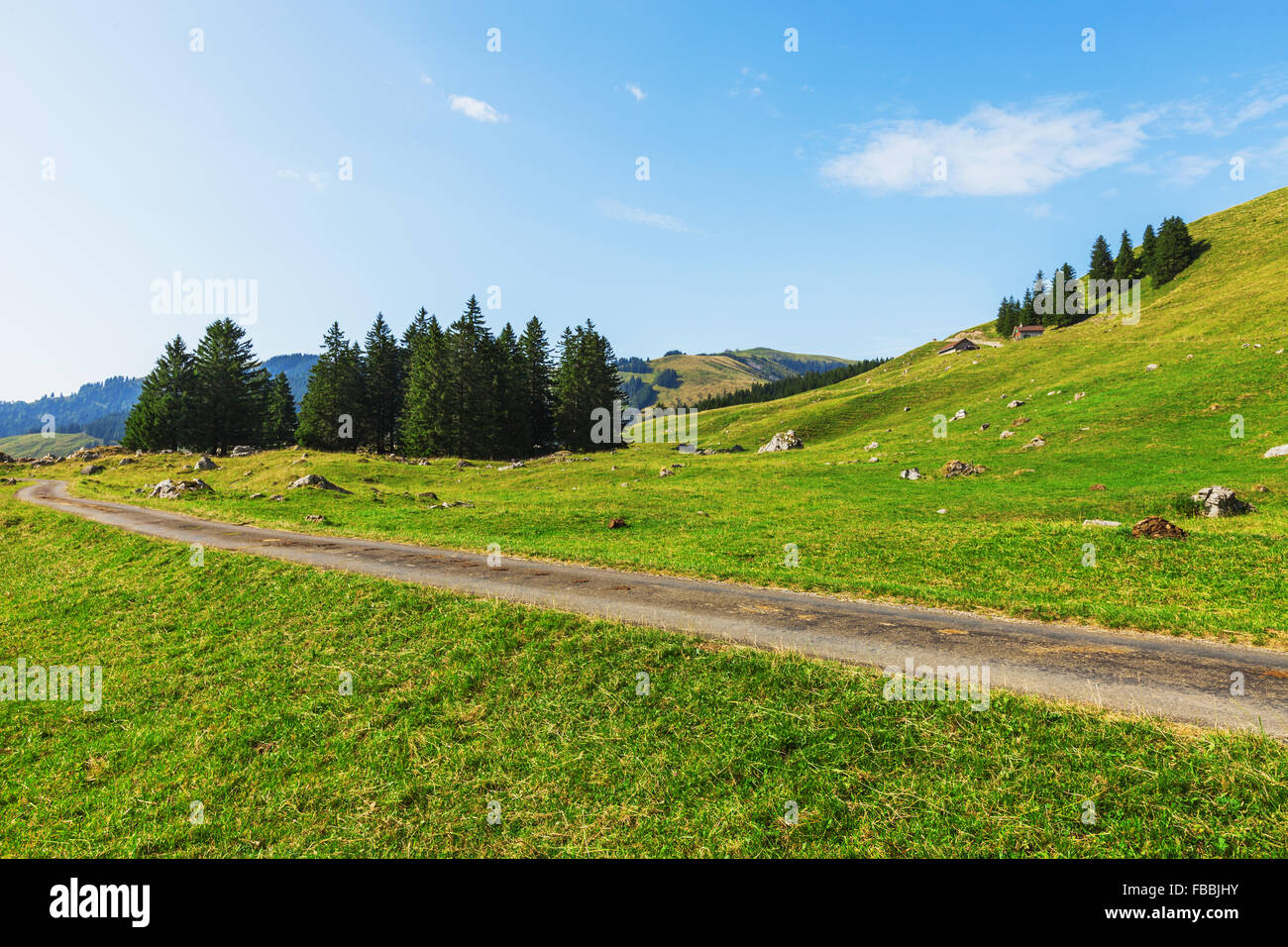 Typical European Alpine landscape, pastures and mountains Stock Photo ...