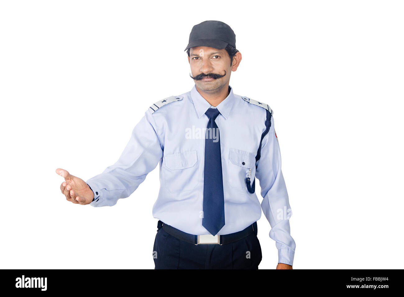 1 indian man Security Guard hand gesturing showing Stock Photo - Alamy