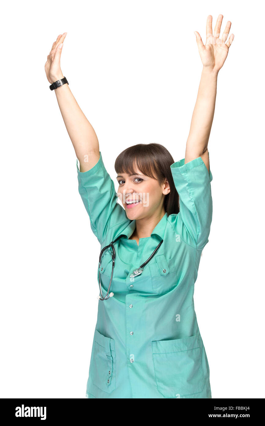 Nurse excited. Happy cheerful woman nurse with arms up. Isolated on ...