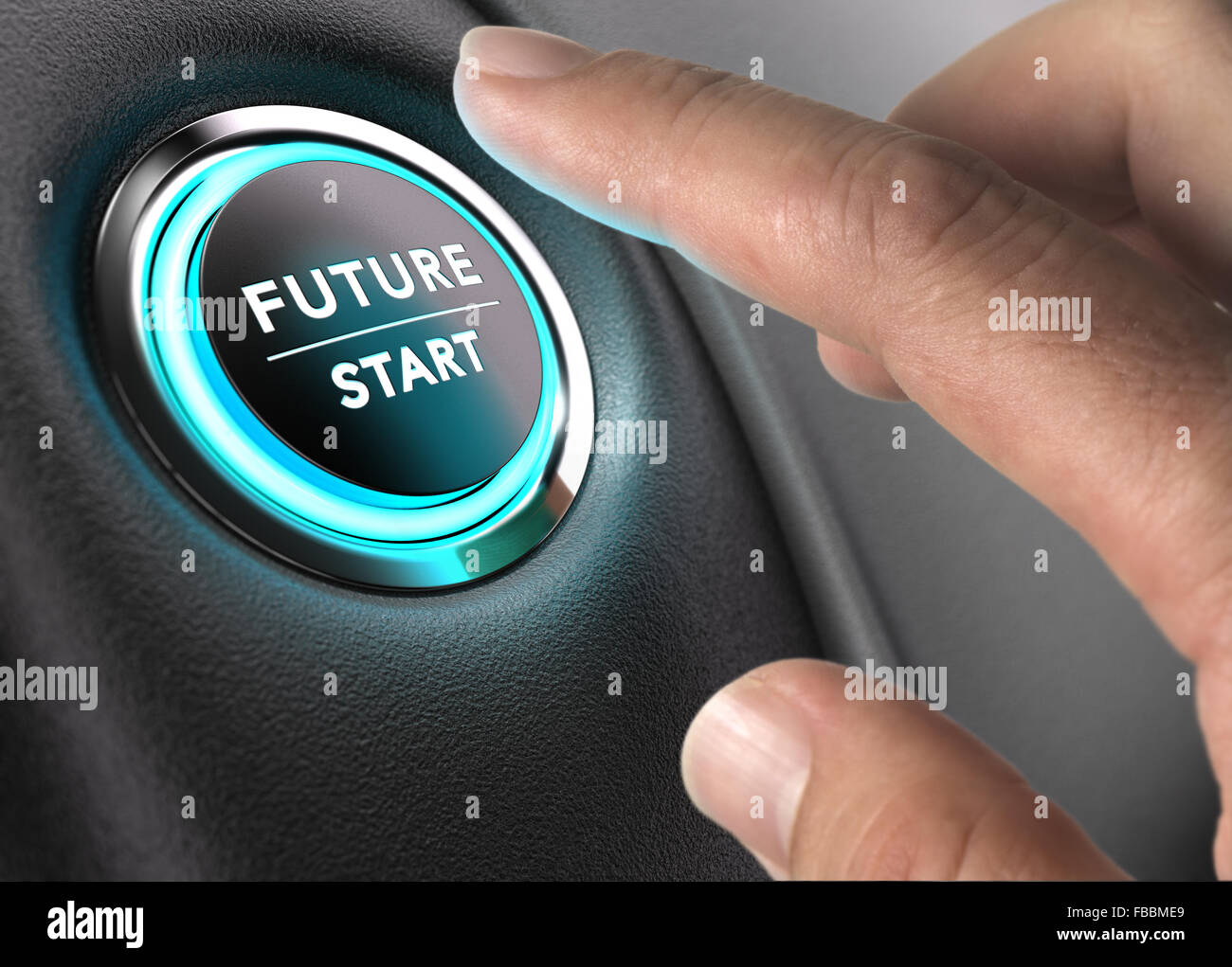 Finger about to press future button with blue light over black and grey ...