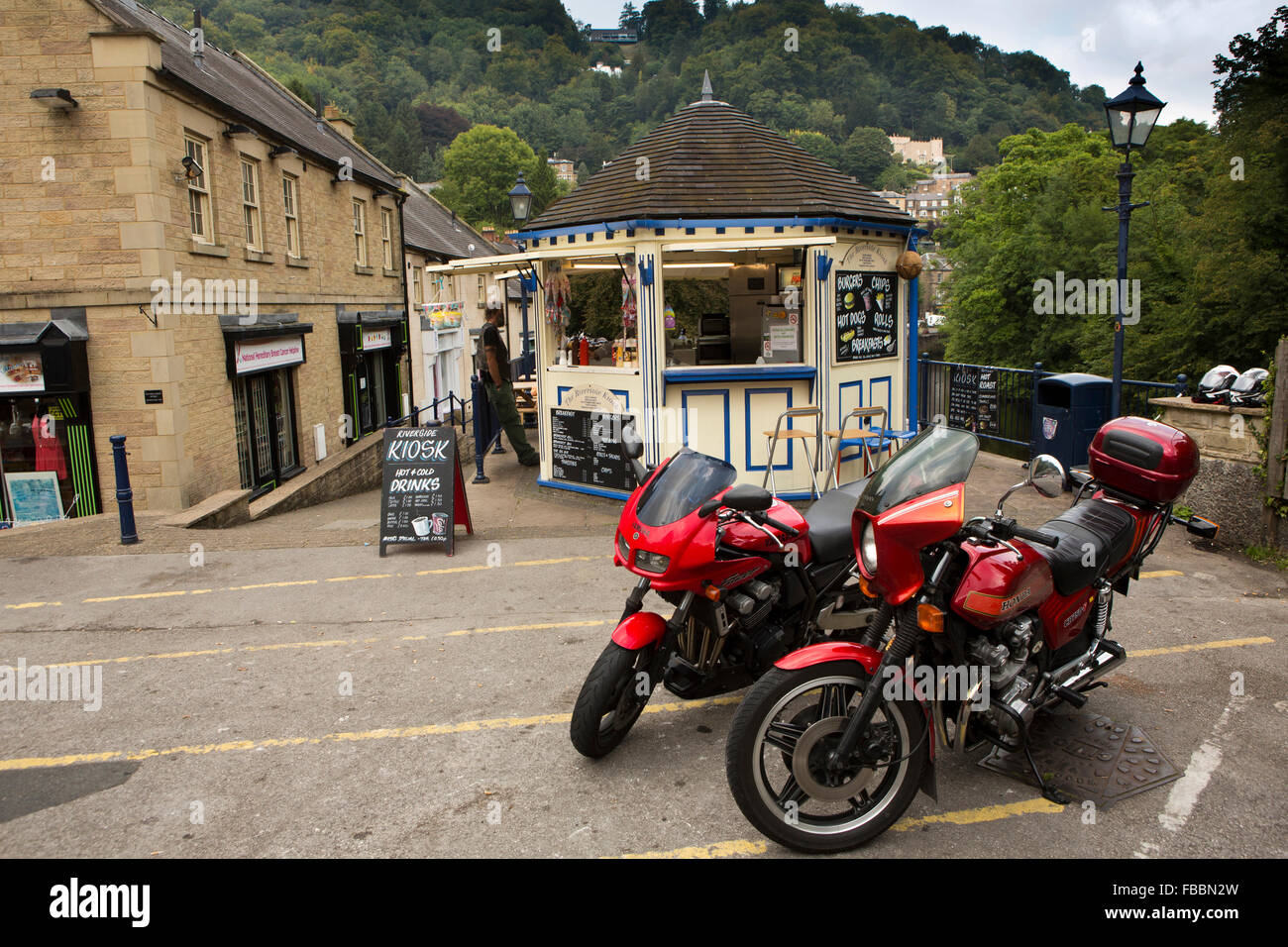 UK, England, Derbyshire, Matlock Bath, South Parade, motorbikes parked ...