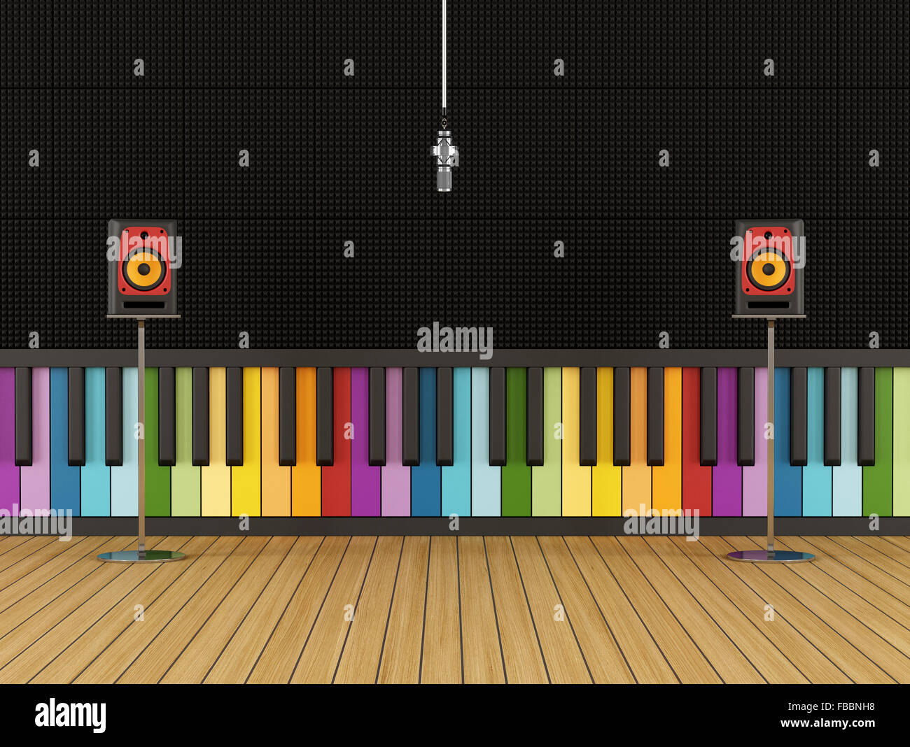 Recording studio with colorful piano keyboard on wall with professional ...