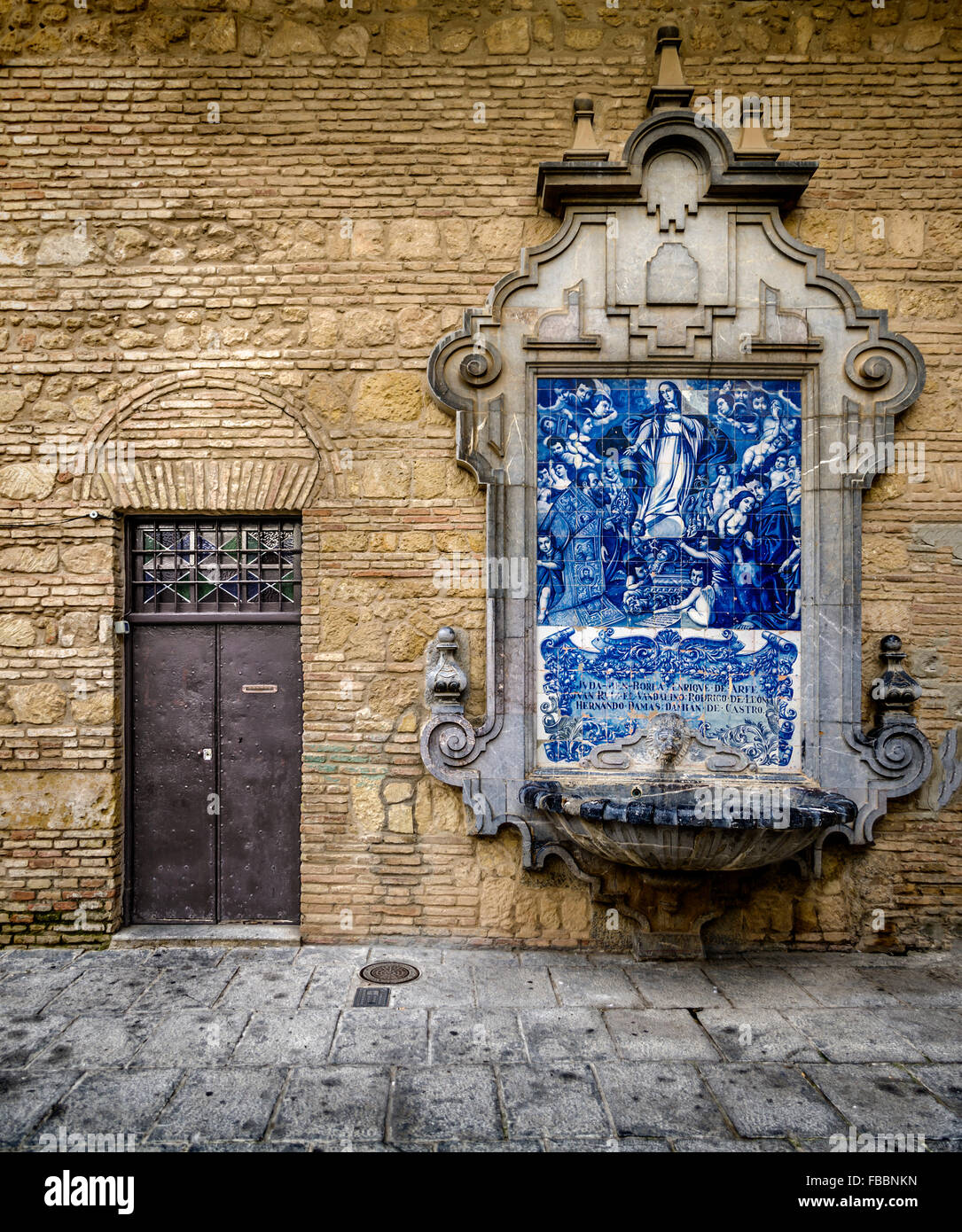 Cordoba , Spain, baroque fountain with the ceramic image Virgin Mary ...