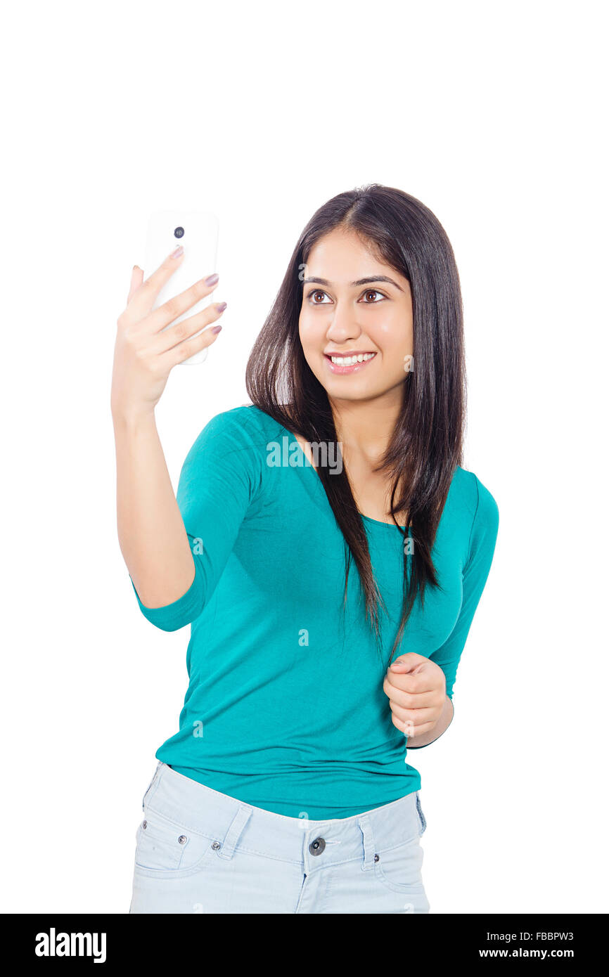 1 indian Young Woman Mobile Phone Selfie Clicking Picture Stock Photo ...