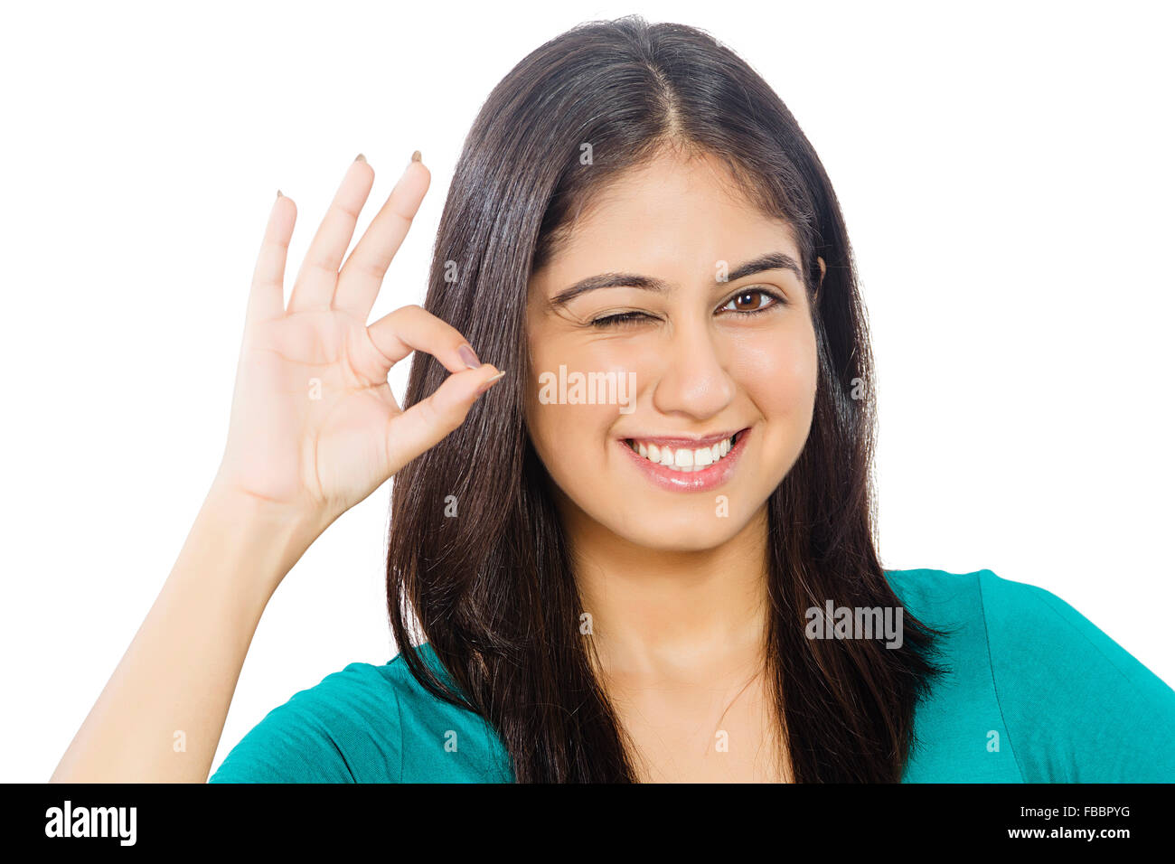 1 indian Young Woman Ok sign showing Stock Photo - Alamy