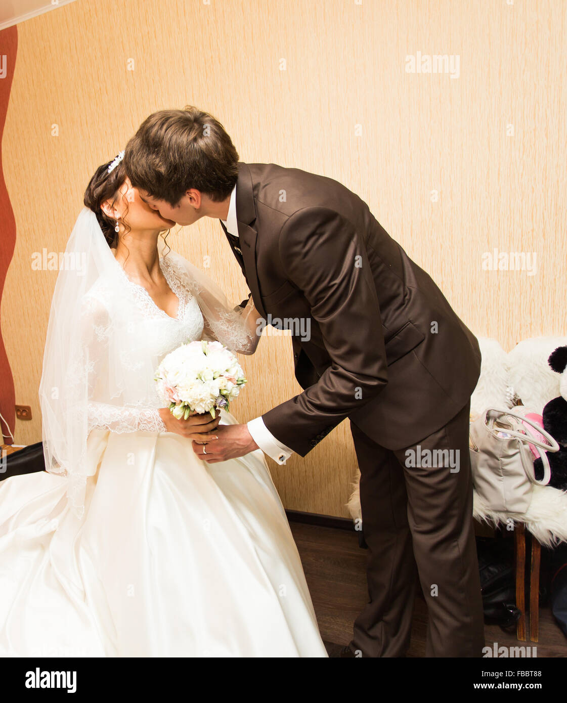 Bride and groom having a romantic moment on their wedding day Stock ...