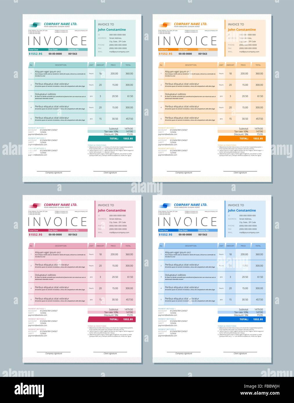 Set of Vector Invoice Design Templates. Green, Orange, Red and Blue ...