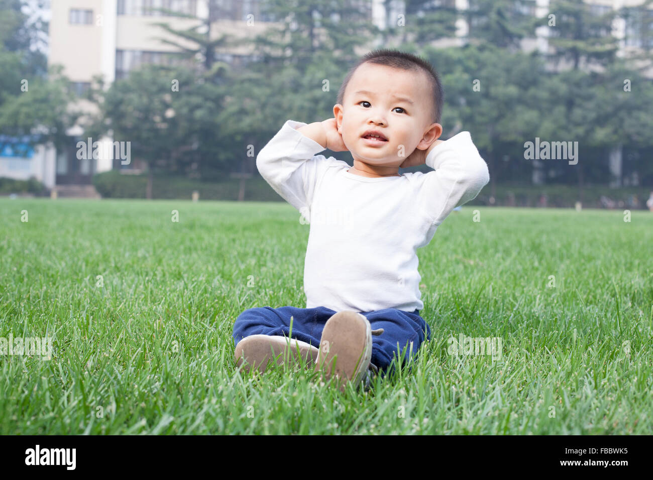 Cute Chinese baby boy sitting on meadow, shot in Beijing, China Stock ...