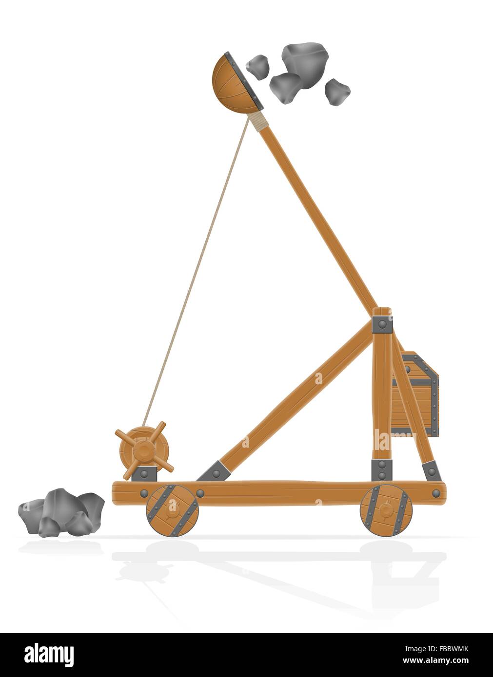 old medieval wooden catapult shooting stones vector illustration ...