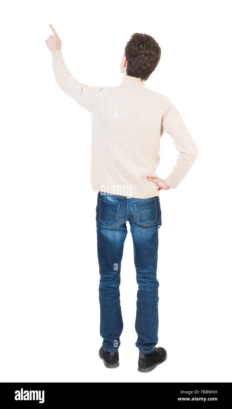 Back view of pointing business man. gesticulating young guy in black ...