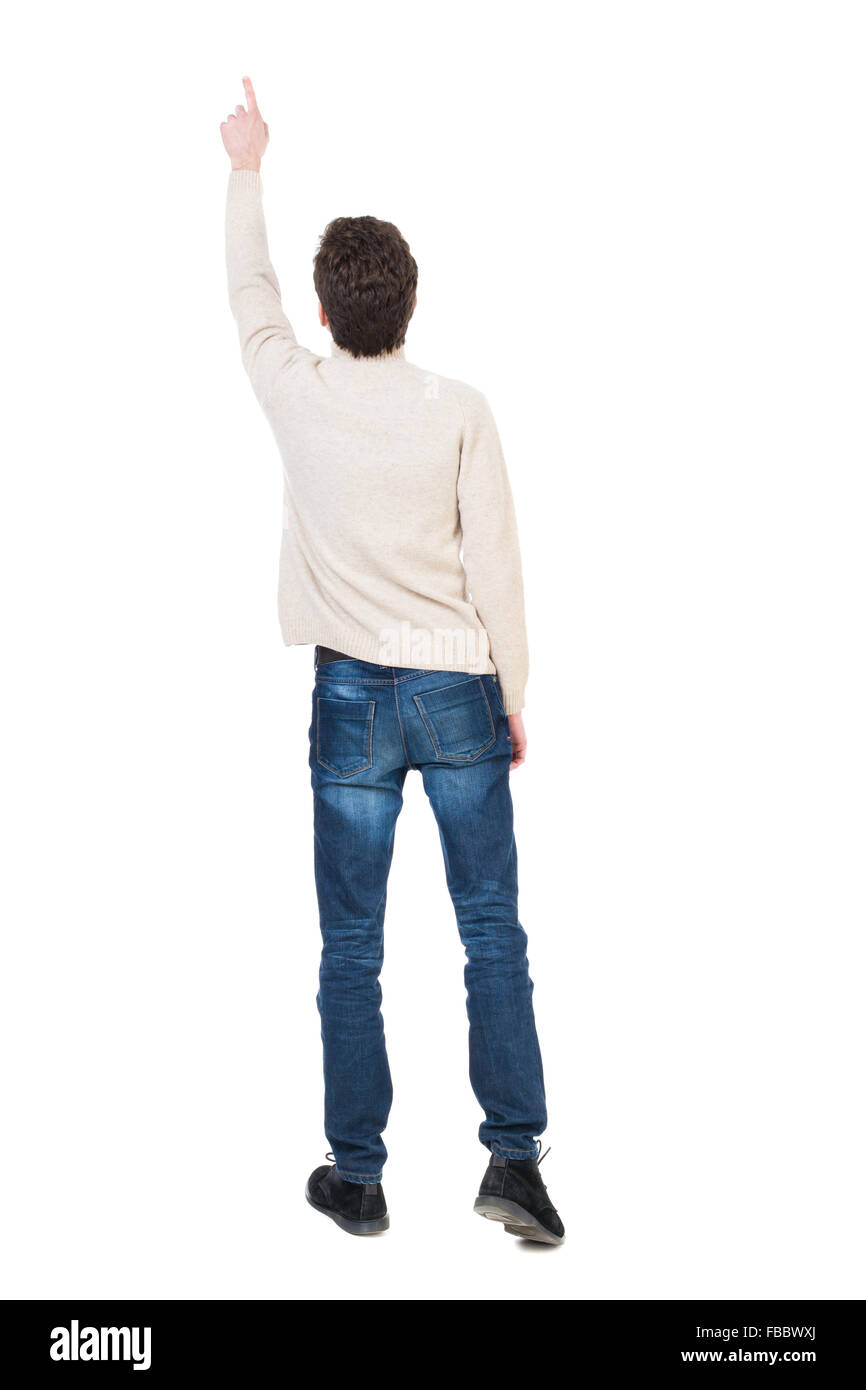 Back view of pointing business man. gesticulating young guy in black ...