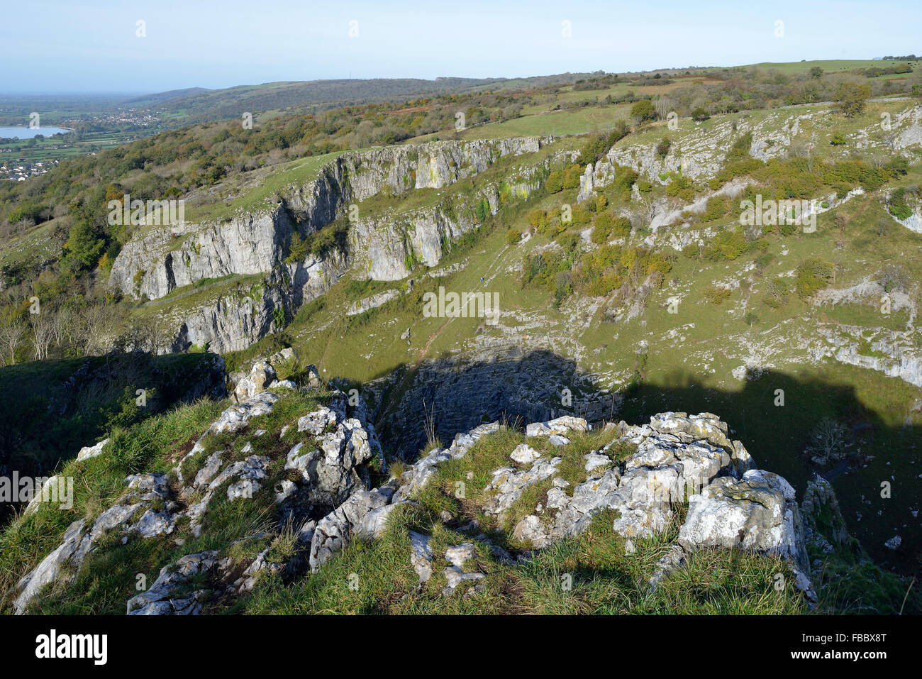 Cheddar Gorge viewed from Cheddar Cliffs Cheddar Reservoir far left ...