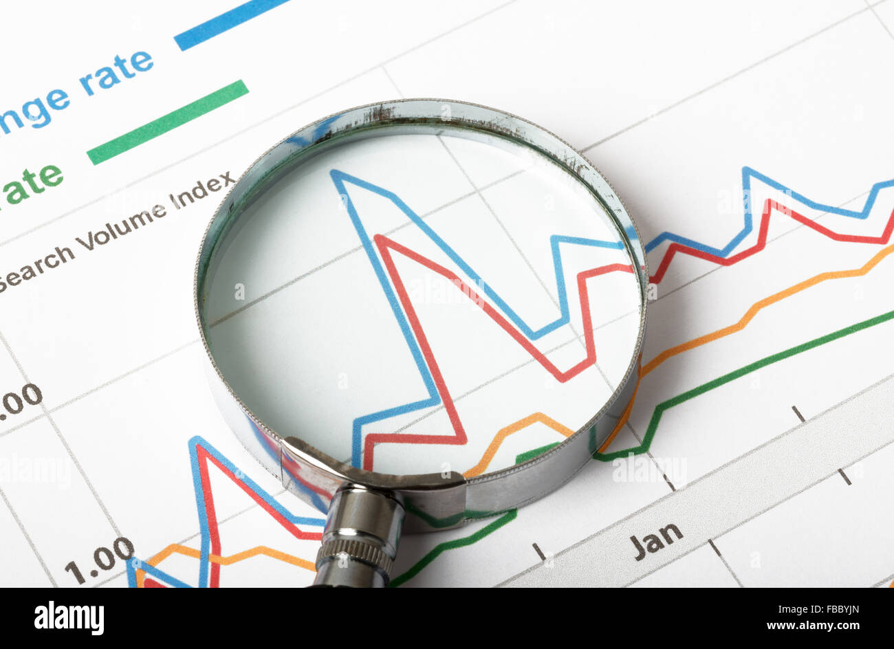Magnifier with graphical charts Stock Photo - Alamy