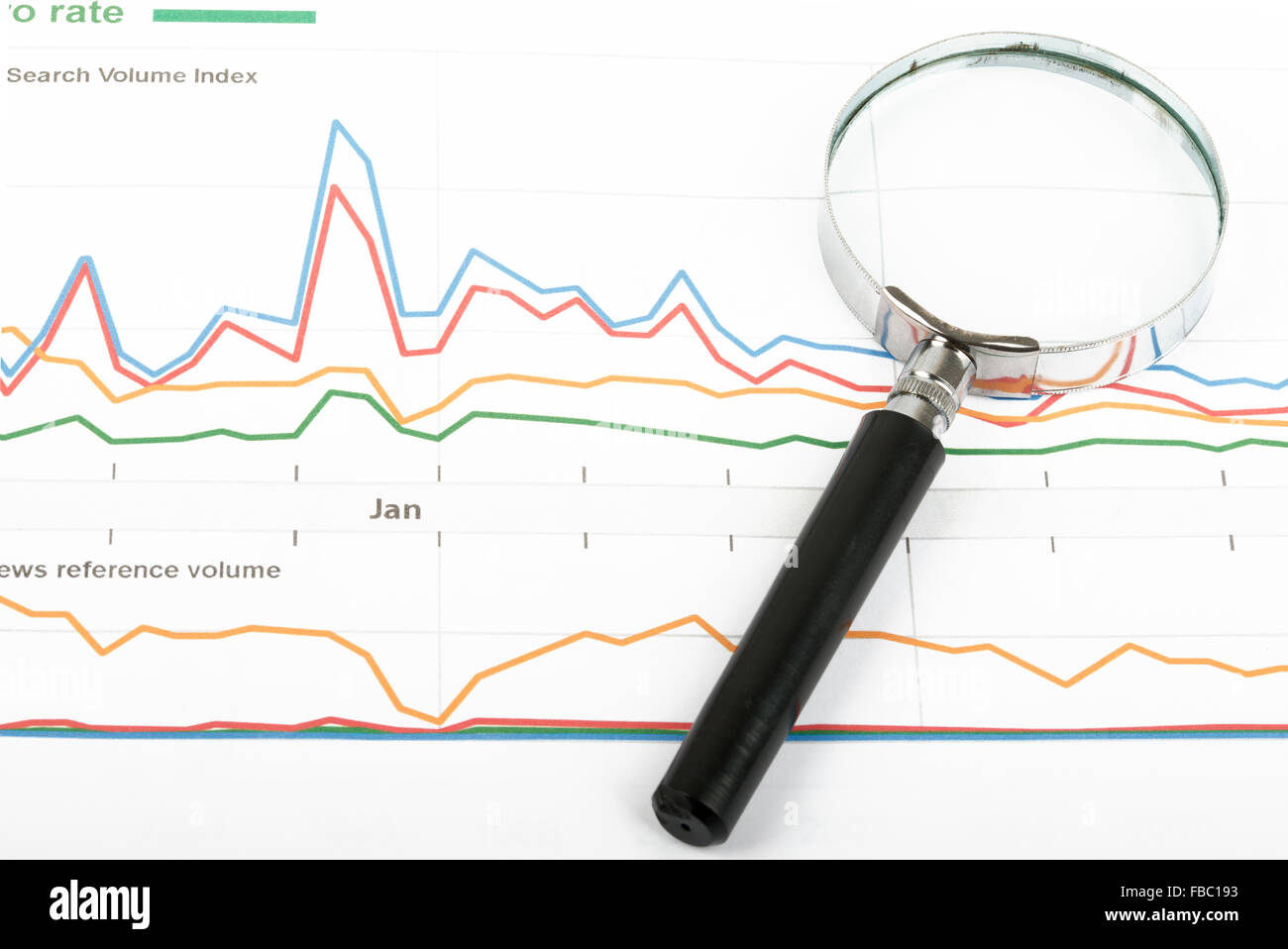Magnifier with graphs Stock Photo - Alamy