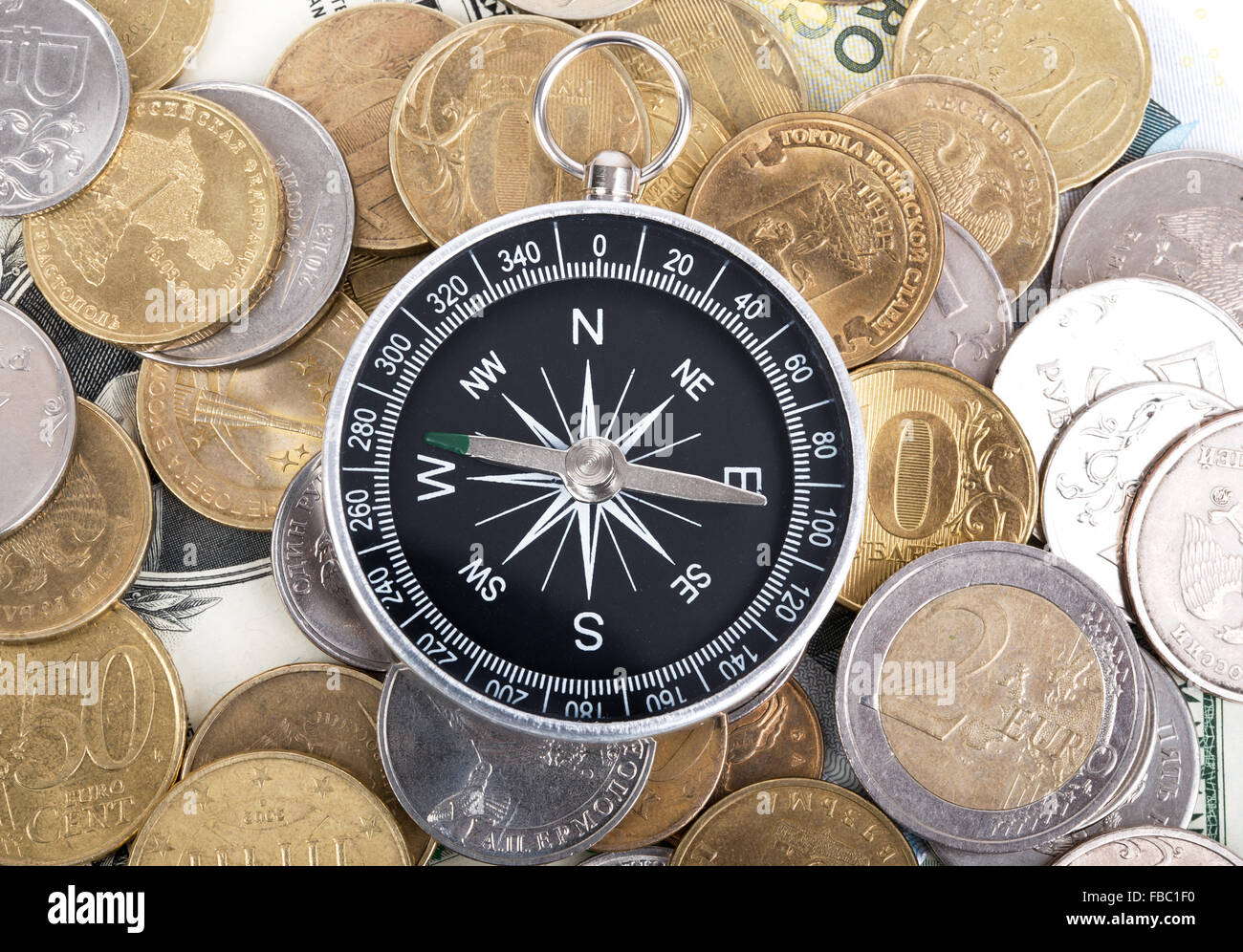 Compass on coins Stock Photo - Alamy