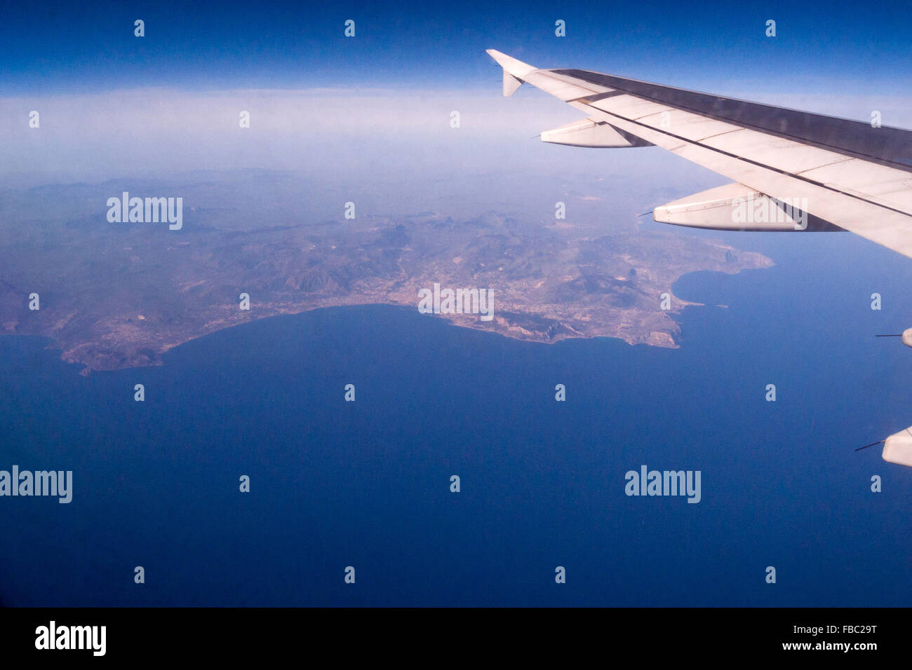 View out of an airplane window looking down over Palermo, Sicily, Italy ...