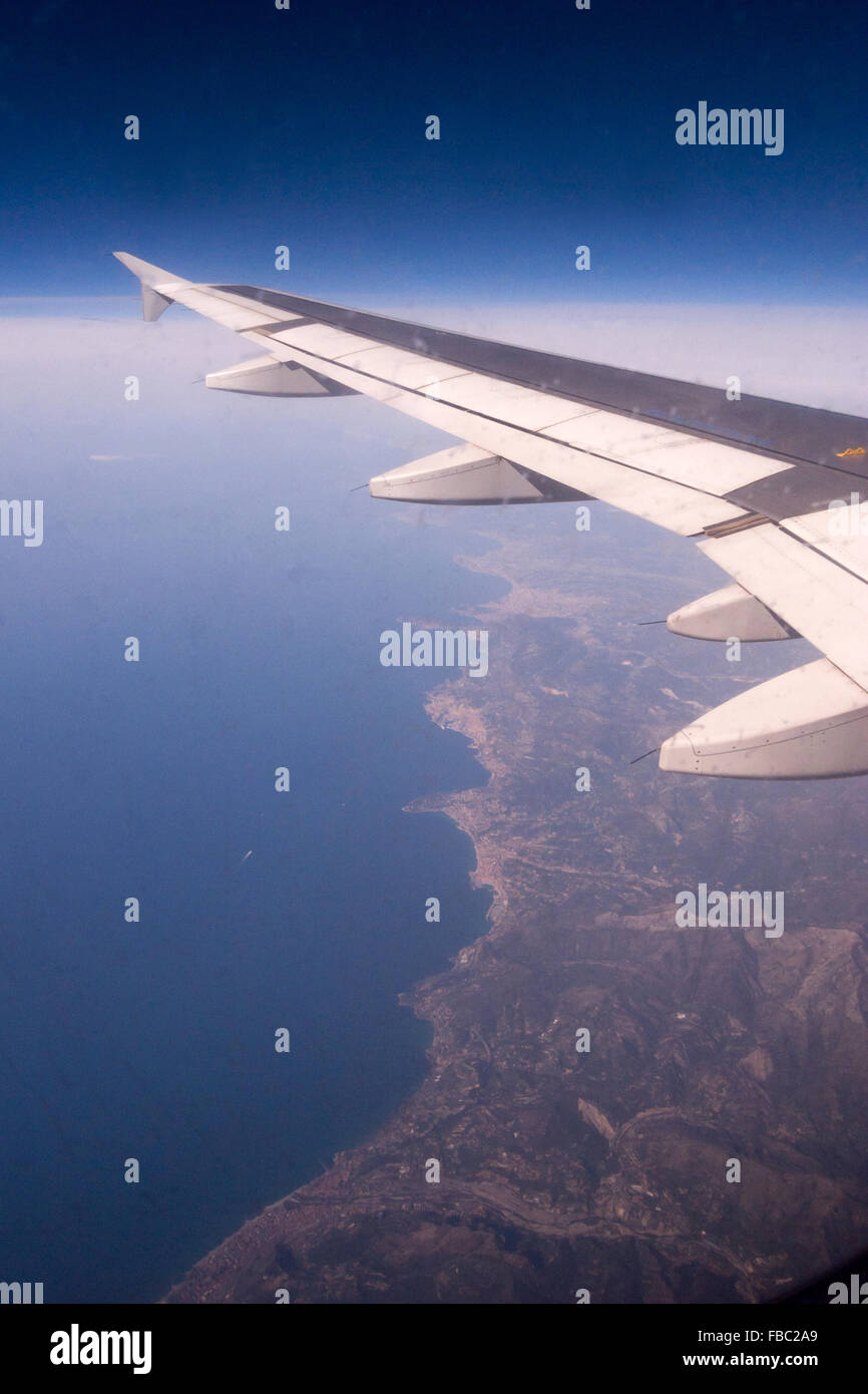 View out of an airplane window looking down over Palermo, Sicily, Italy ...