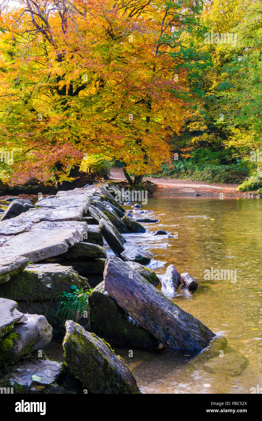 Tarr Steps clapper bridge over the River Barle in Exmoor National Park ...