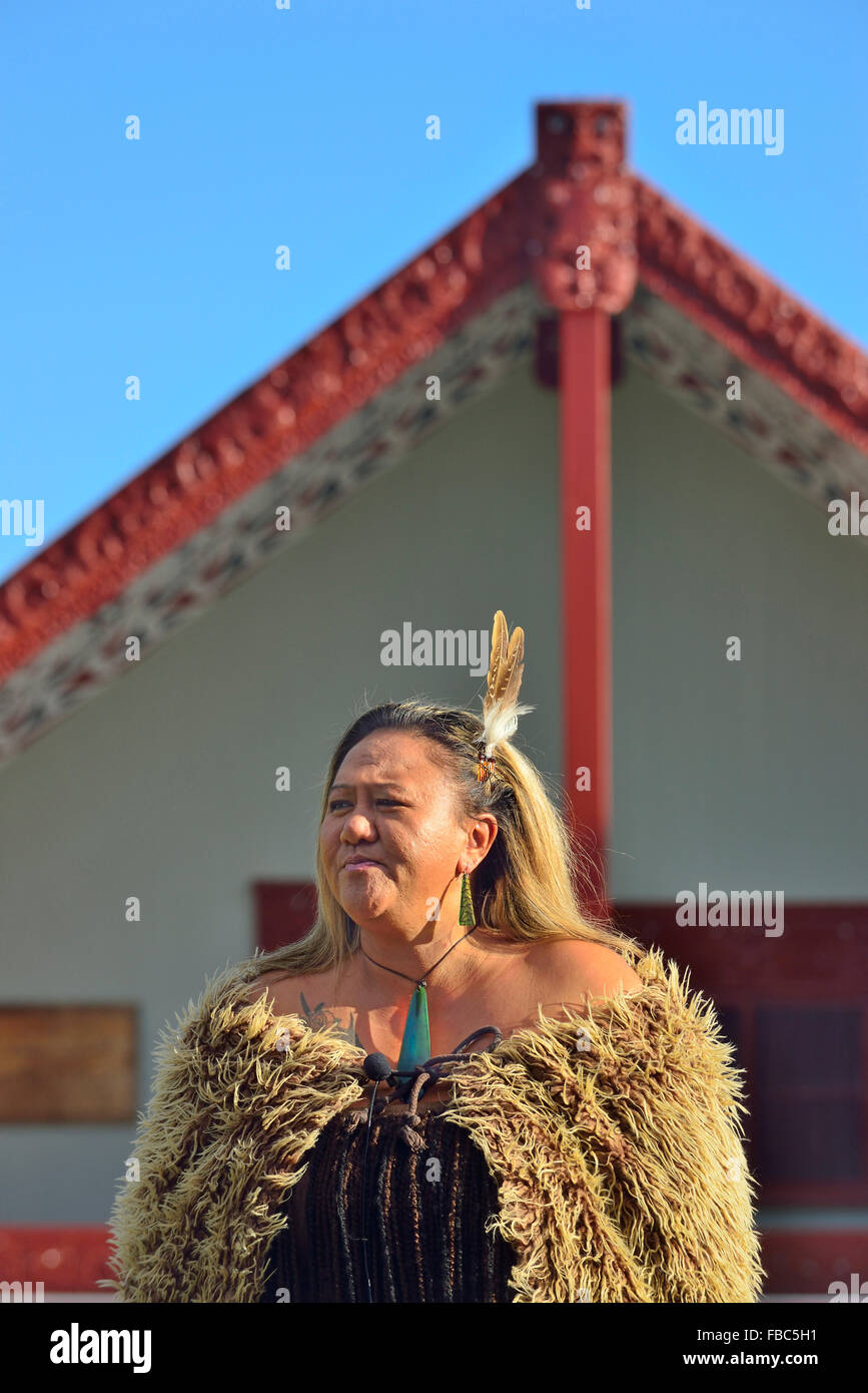 Powhiri (ceremonial welcome)by Maori woman to tourists before the Maori ...