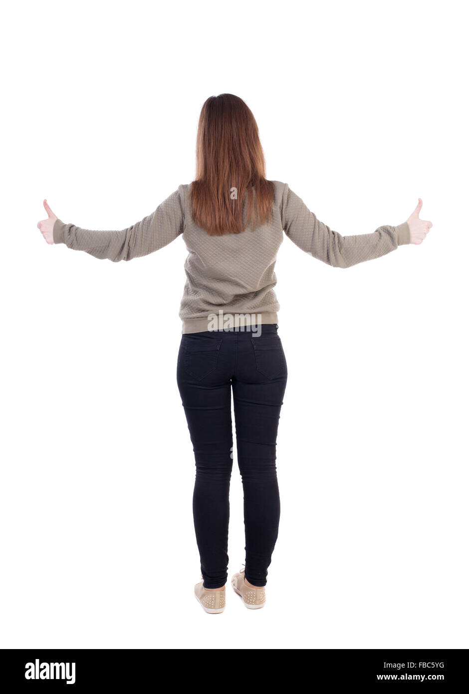 Back view of woman thumbs up. Rear view people collection. backside ...
