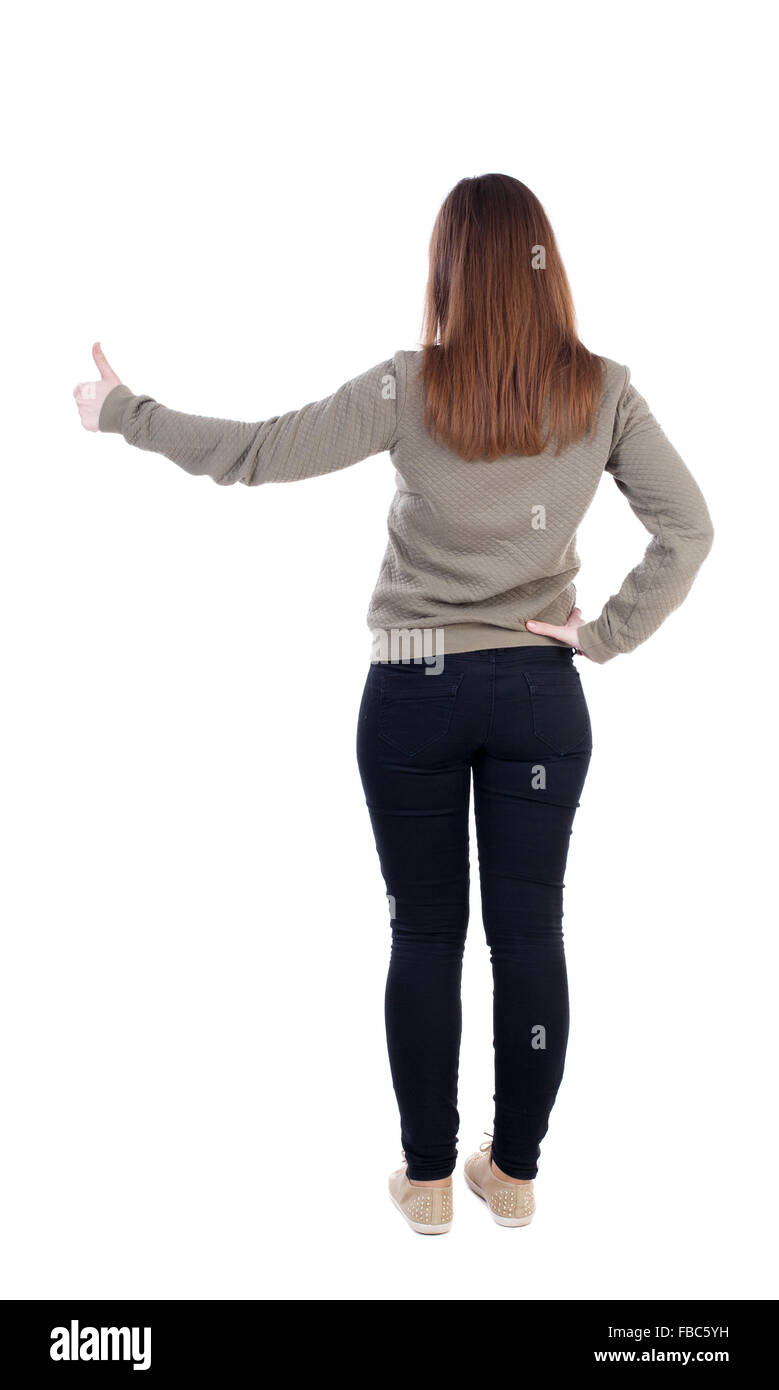 Back view of woman thumbs up. Rear view people collection. backside ...