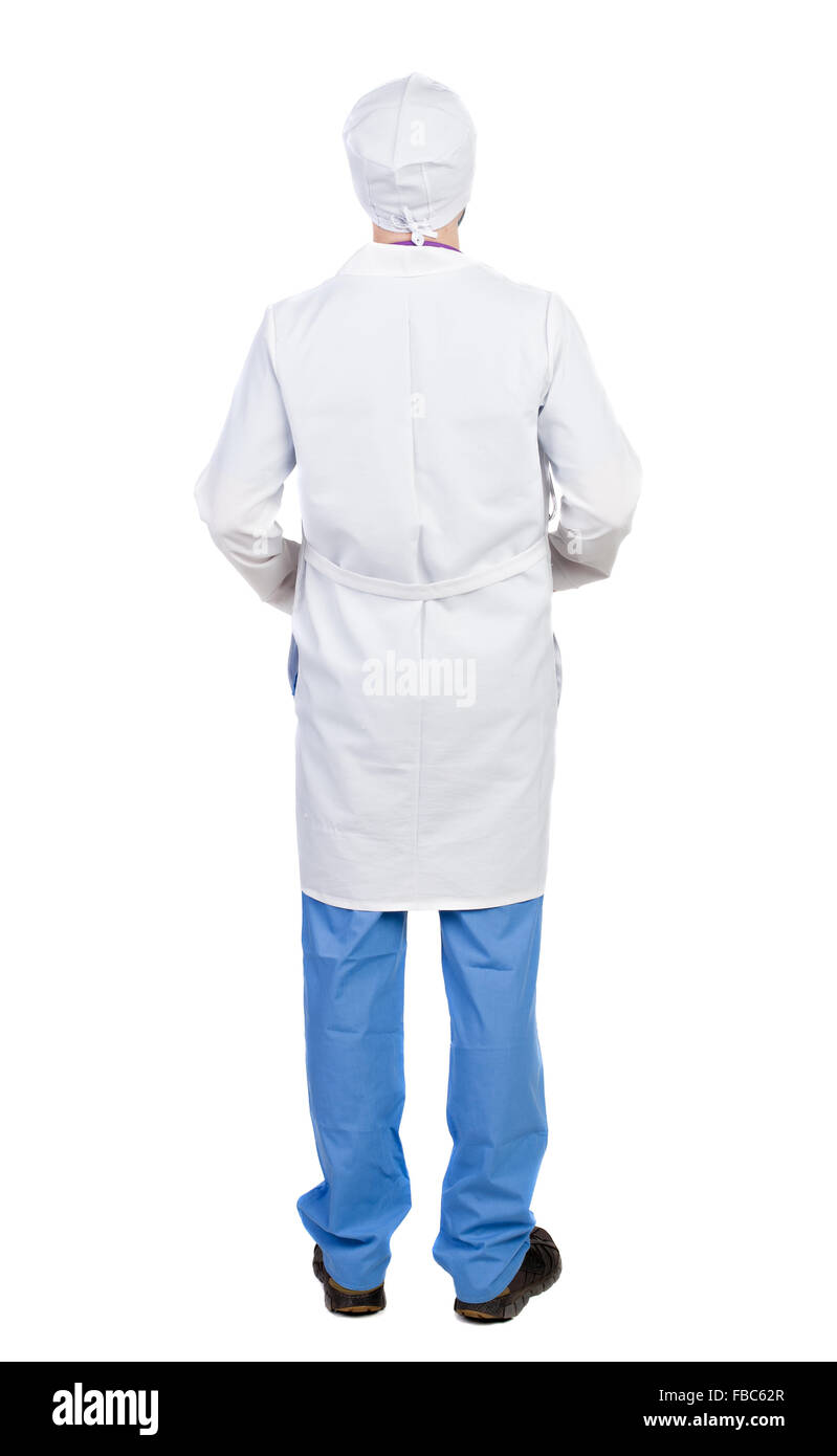 Back view of doctor in robe. Standing young guy. Rear view people ...
