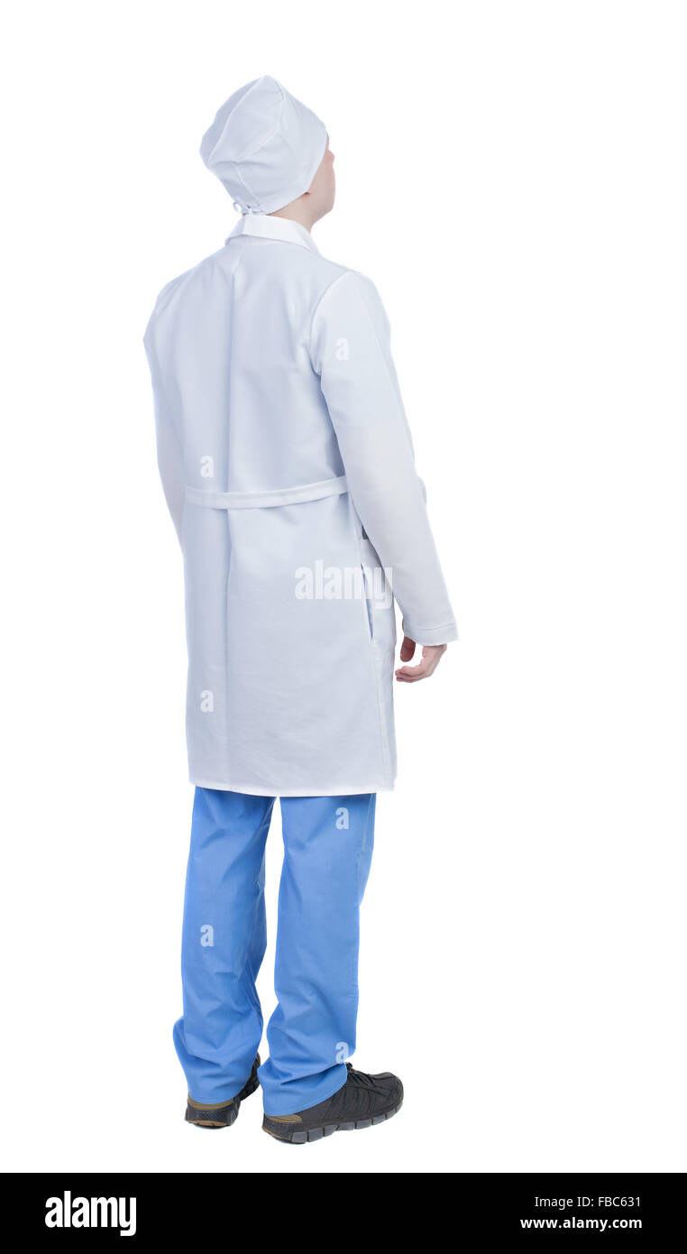 Back view of doctor in robe. Standing young guy. Rear view people ...