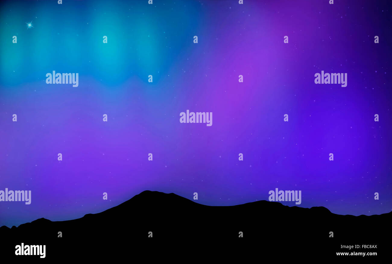 Soft northern lights in the mountain sky at night in blue and violet ...