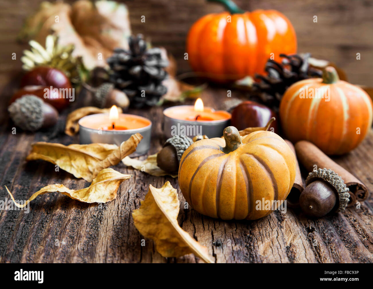 Pumpkins Decoration with Candles, Leaves, Acorns.Thanksgiving,Halloween and Autumn Concept Stock ...