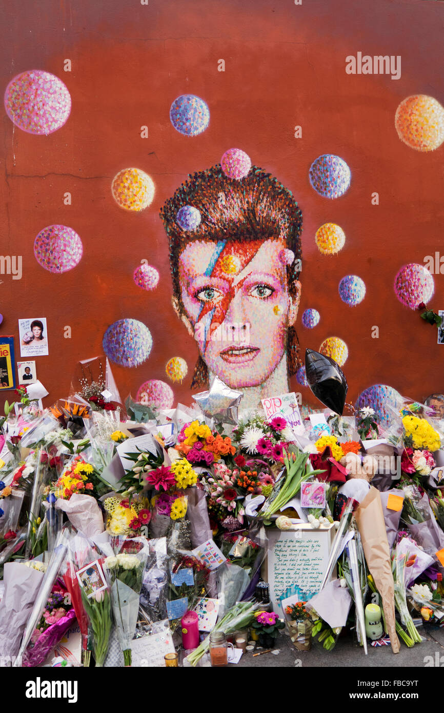 David Bowie memorial next to his mural in Brixton South London Stock ...