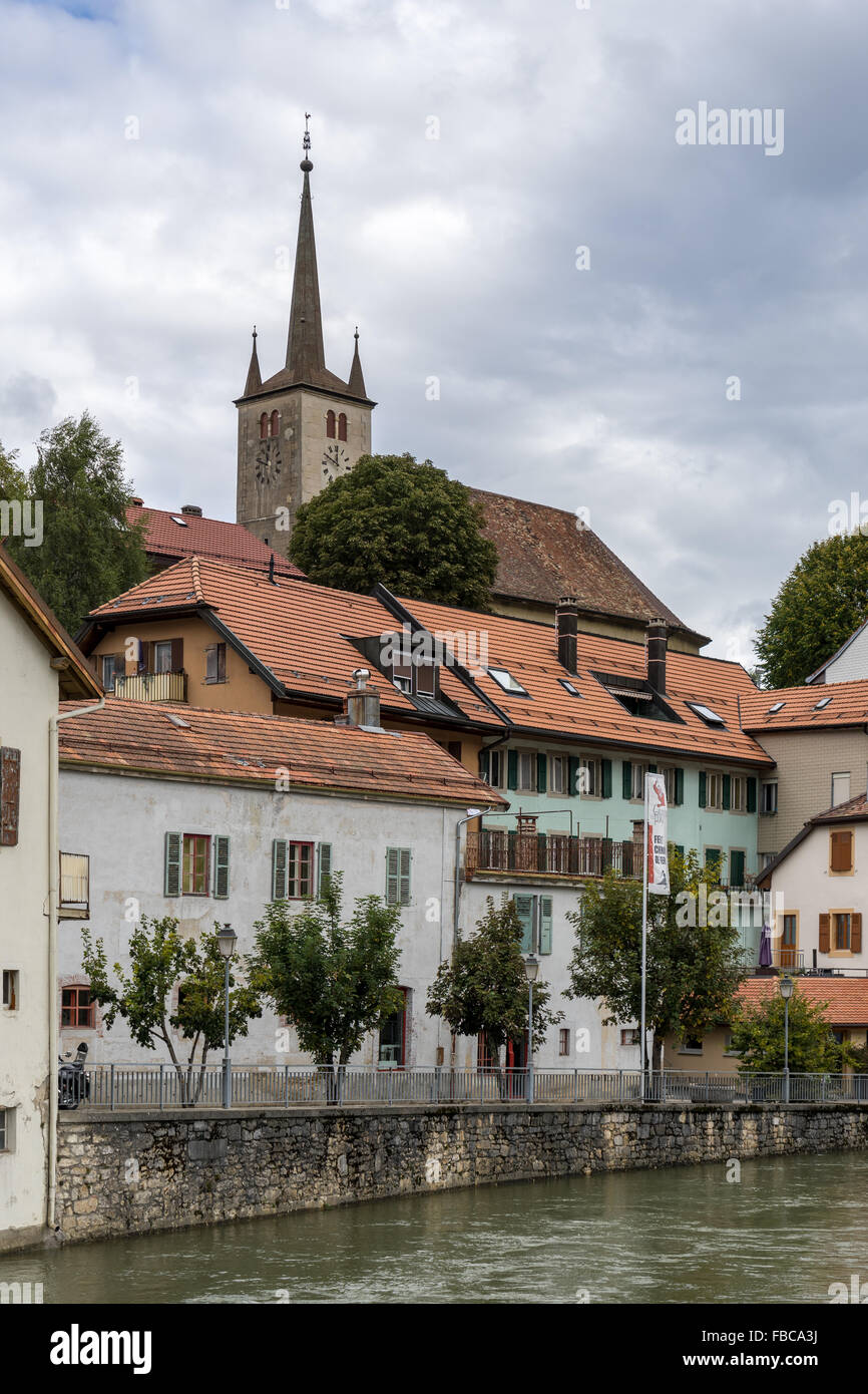 Orbe River flowing through Vallorbe in the district Grandes Forges of ...